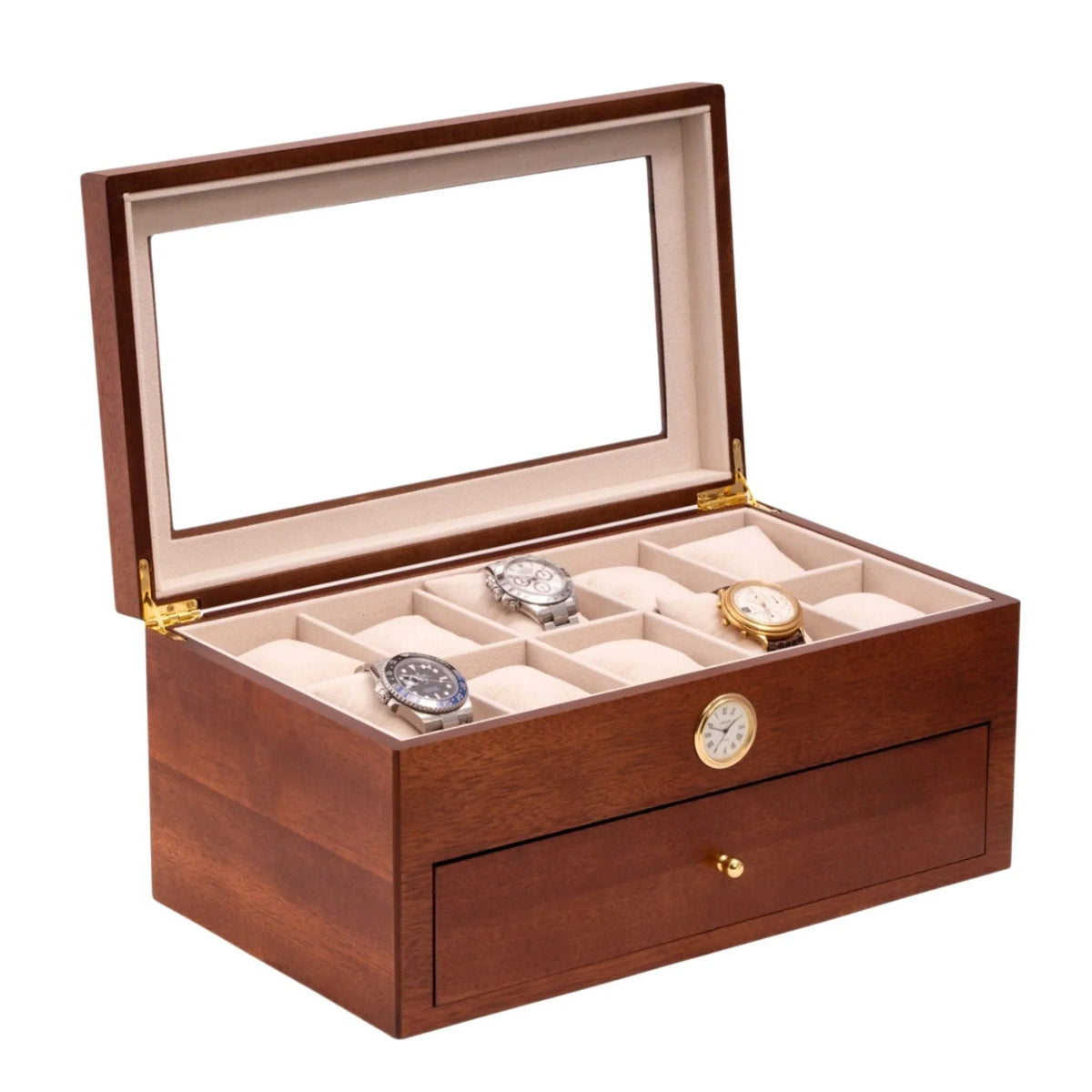 20 Watch Box with Glass Top and Clock in Cherry Wood – The Well ...