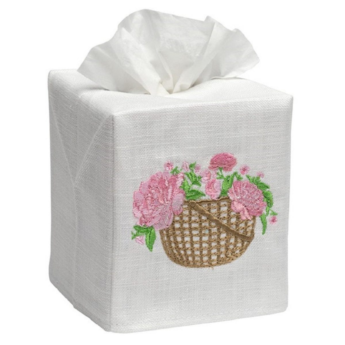 White Linen Square Embroidered Tissue Box Cover With Pink Peonies ...