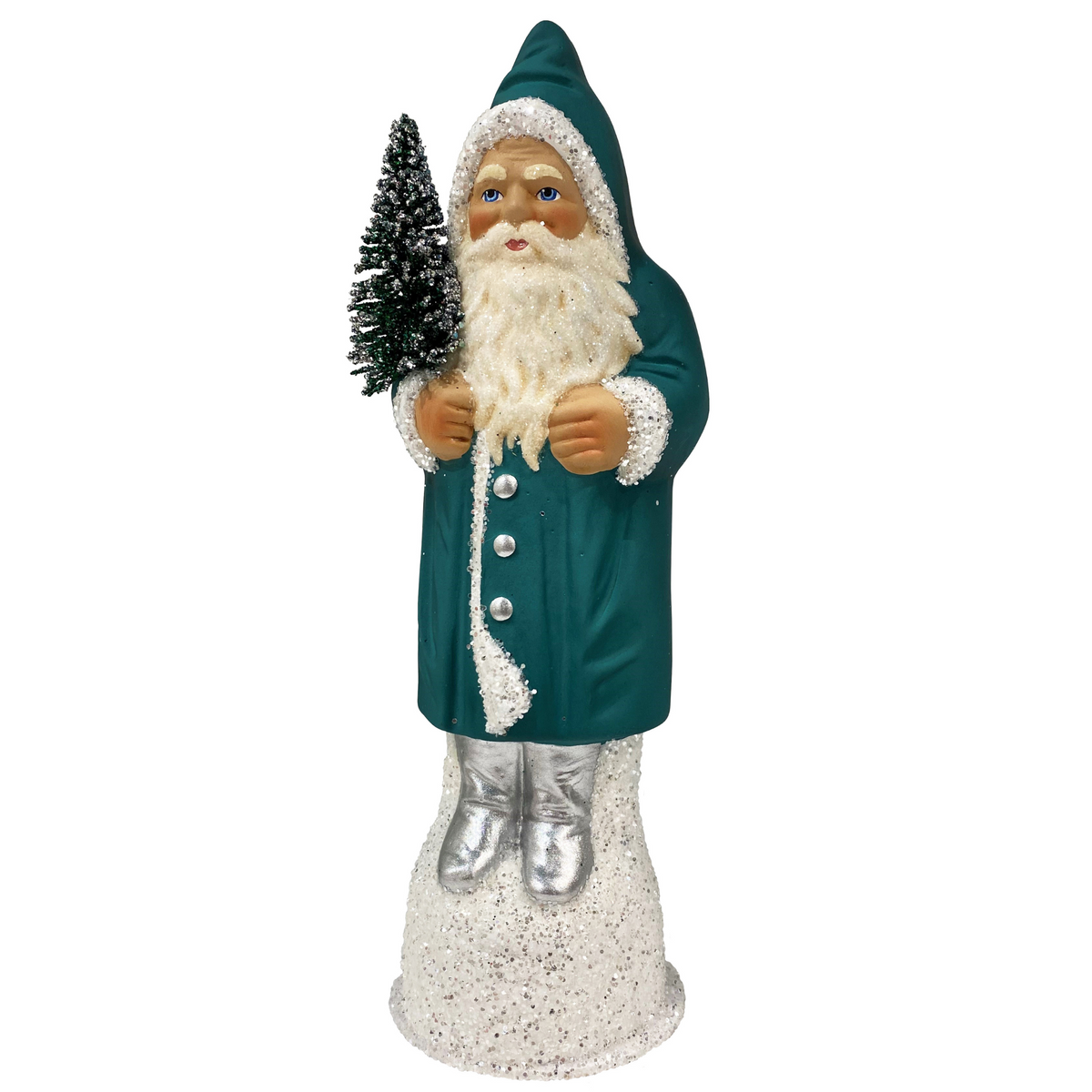 Ino Schaller Paper Mache Santa with Petrol Coat and Silver Boots Chris ...