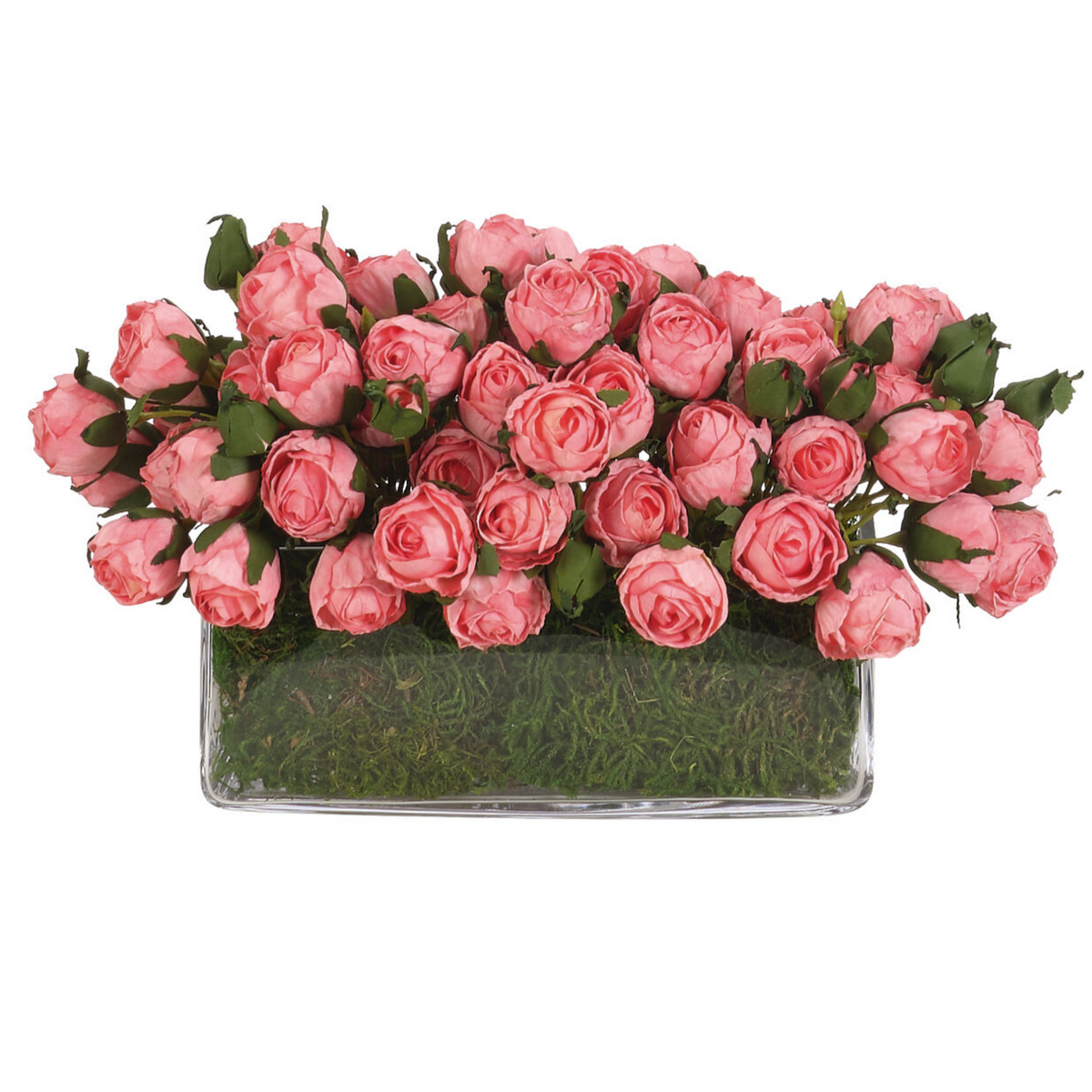 8" Faux Pink Roses With Moss in a Glass Rectangle Vase – The Well ...