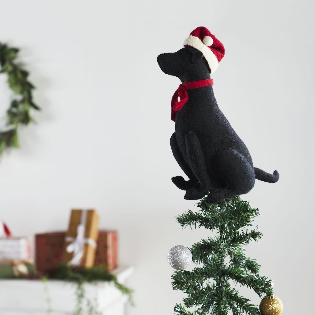 Black Lab with Santa Hat Christmas Tree Topper in Hand Felted Wool ...