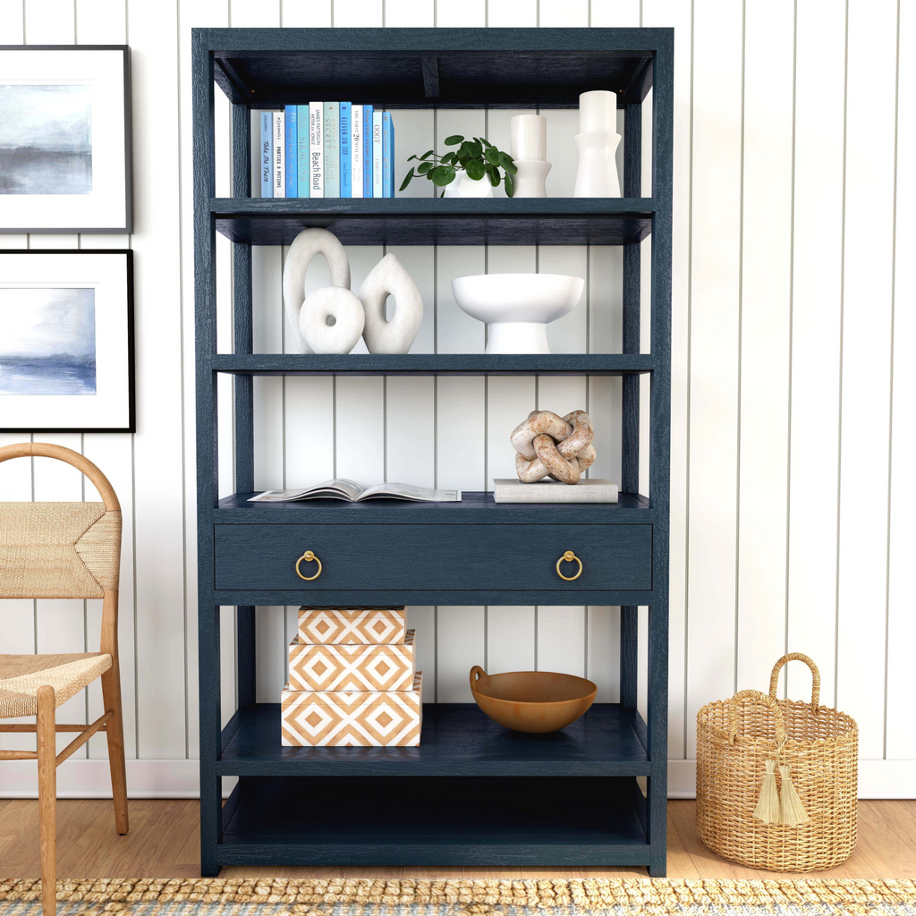 Tall Navy Blue Bookcase With Gold Pulls – The Well Appointed House