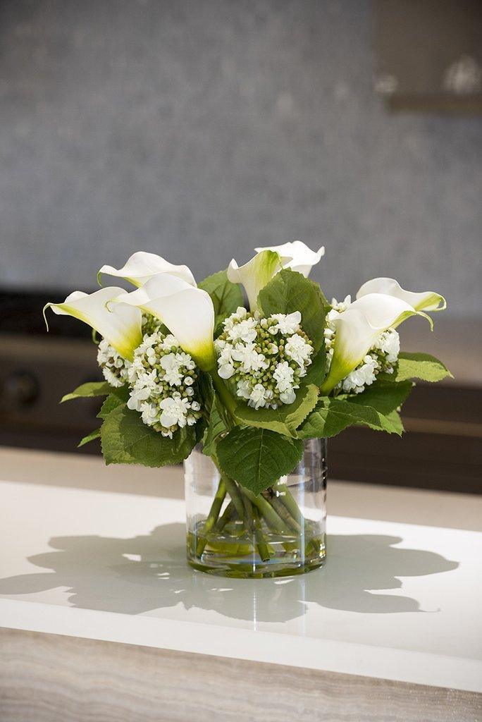 Calla Lily & Hydrangea White Buds Arrangement in Clear Cylinder Vase ...