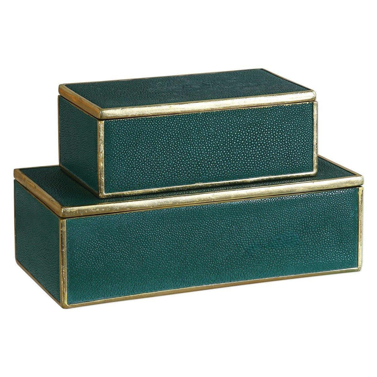 Emerald Green Decorative Storage Boxes with Gold Leaf Trim, Set of 2 ...