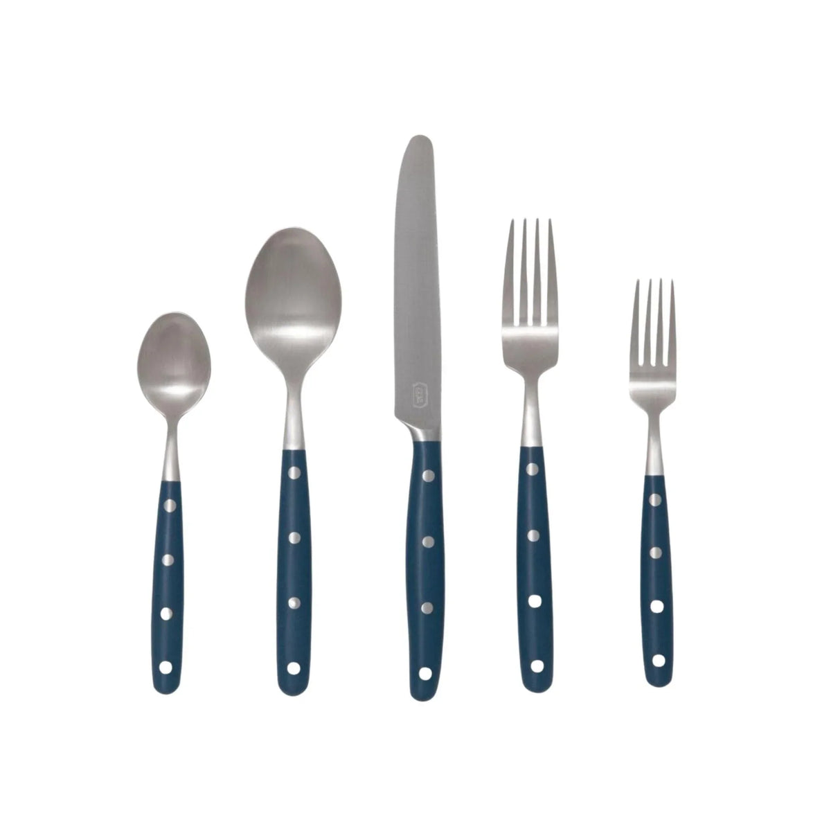 Five Piece Stainless Steel Paris Bistro Style Flatware Set with Navy H ...