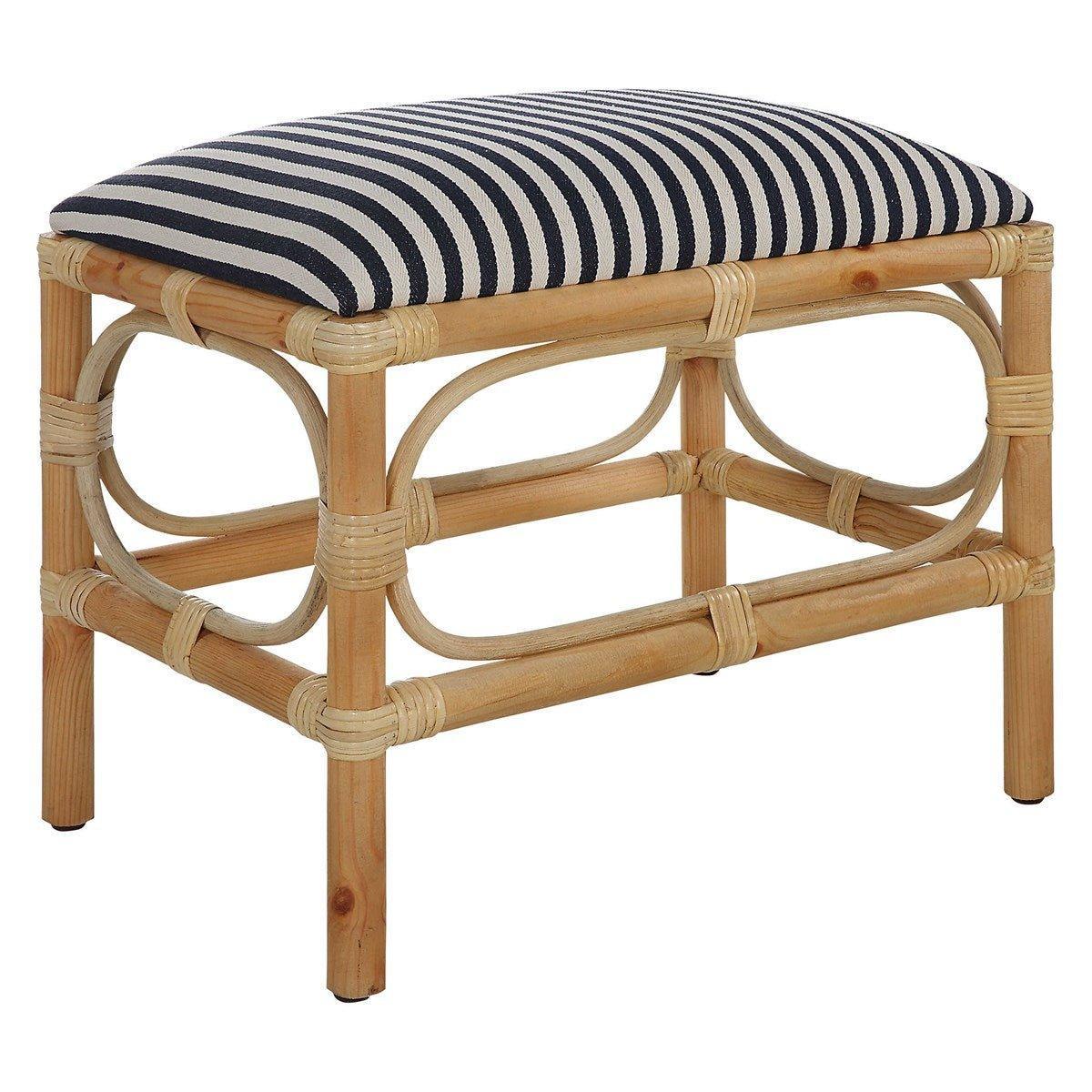 Rattan Wrapped Small Wooden Bench With Navy & White Striped Upholstere ...