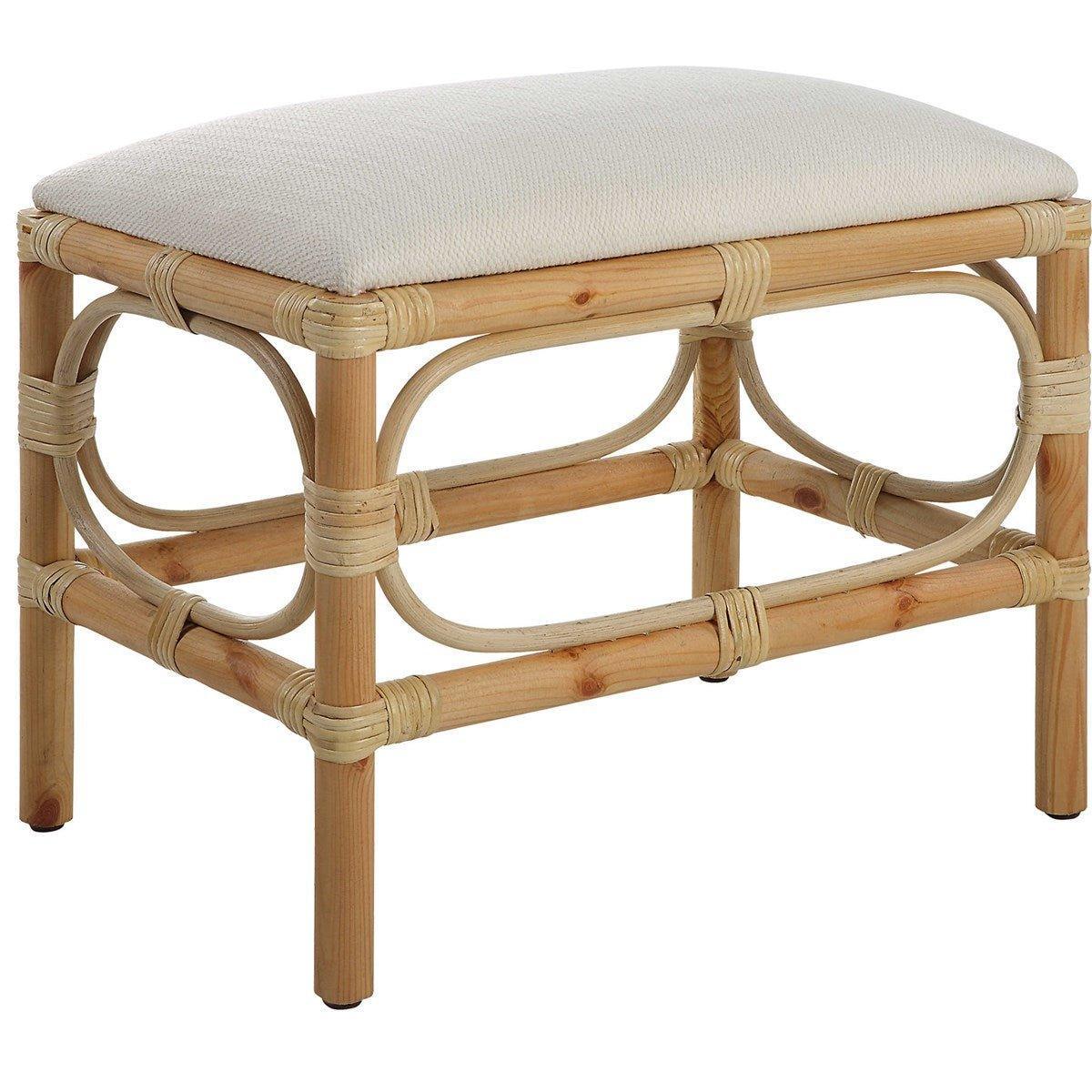 Rattan Wrapped Small Wooden Bench With White Textured Upholstered Seat ...