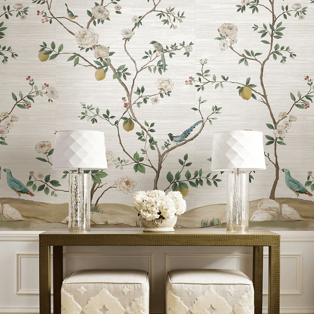 Scalamandre Blossom Chinoiserie Mural in Silver Mist on Grasscloth ...